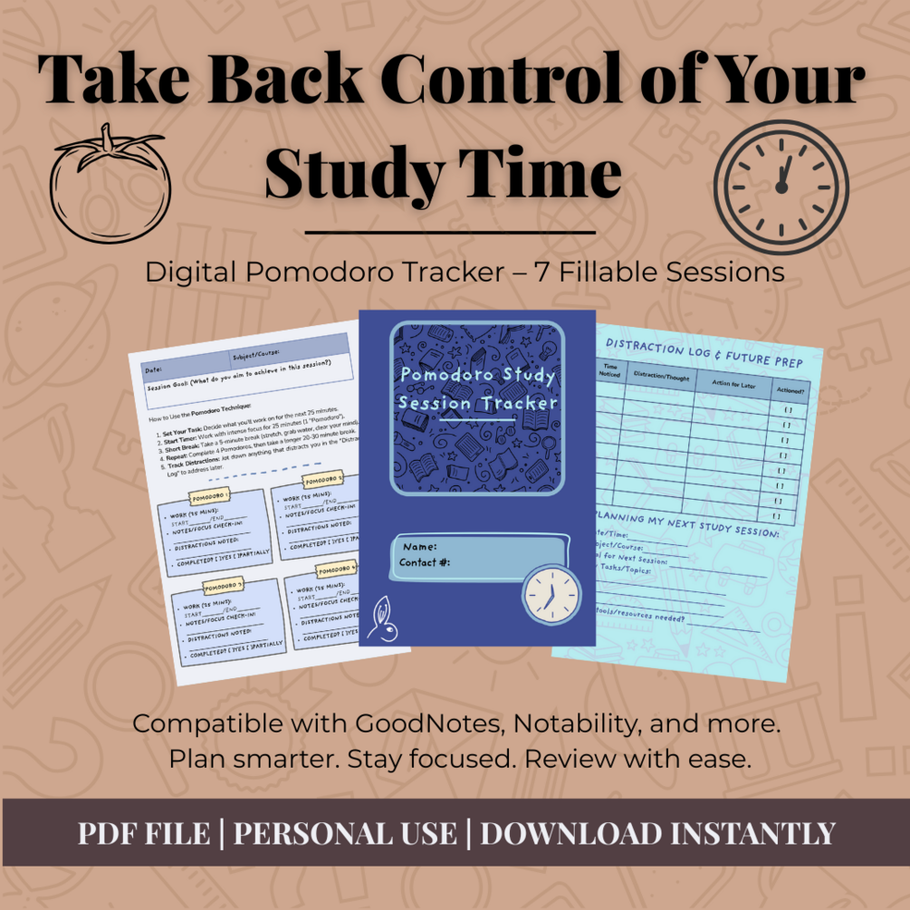 Digital Pomodoro Study Session Tracker – 7 Sessions | Fillable PDF