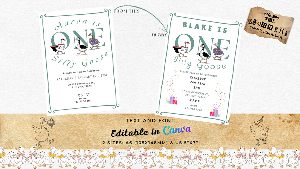 One Silly Goose 1st Birthday Invitation | Editable Canva Template ...