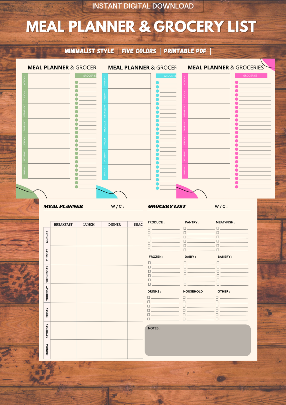 Meal Planner and Groceries Planner, Grocery List, Printable, Grocery ...