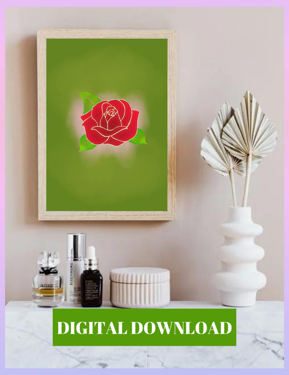 Image of Red Rose on Green Gradient Background Wall Art