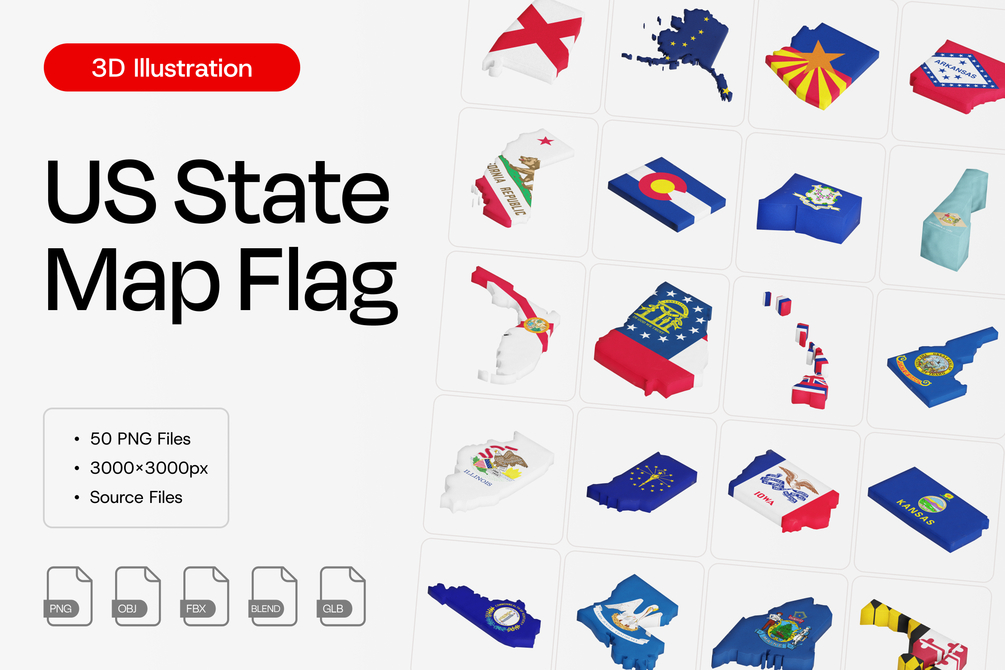 US State Map Flag 3D Icon Set