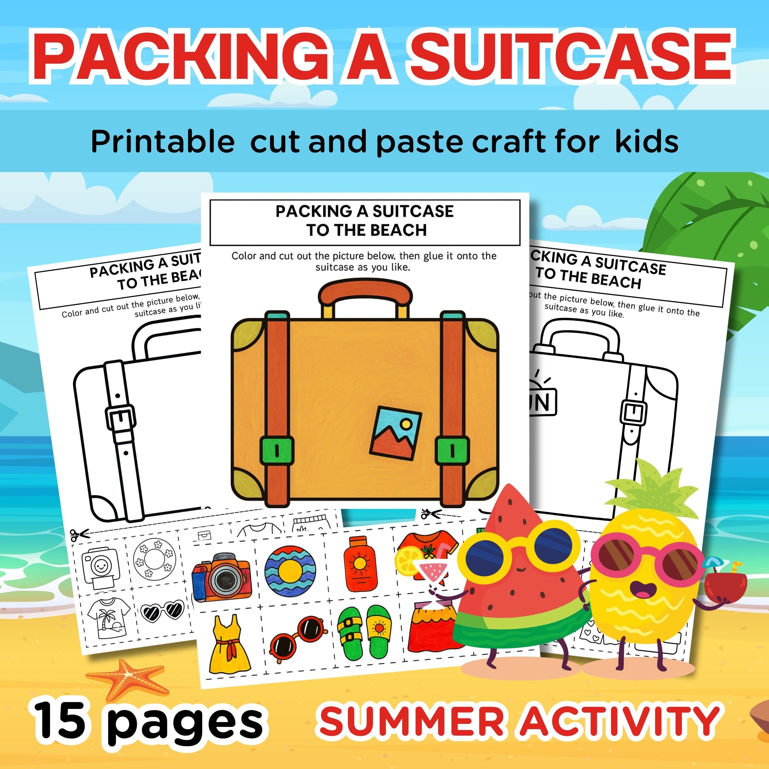 Packing a Suitcase Cut and Paste Craft for Kids, Summer Coloring ...