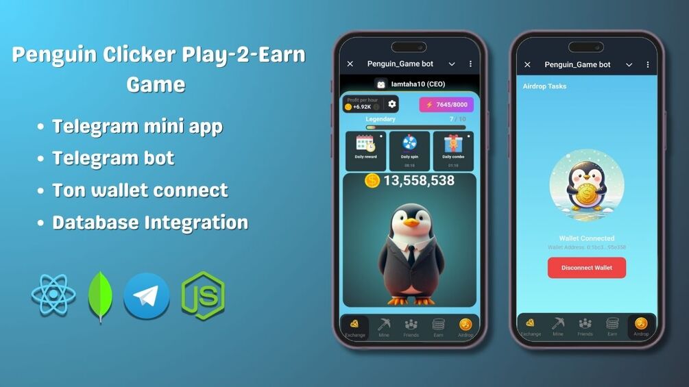 Penguin Clicker P2E Game with Telegram mini app + Ton wallet connect + Database