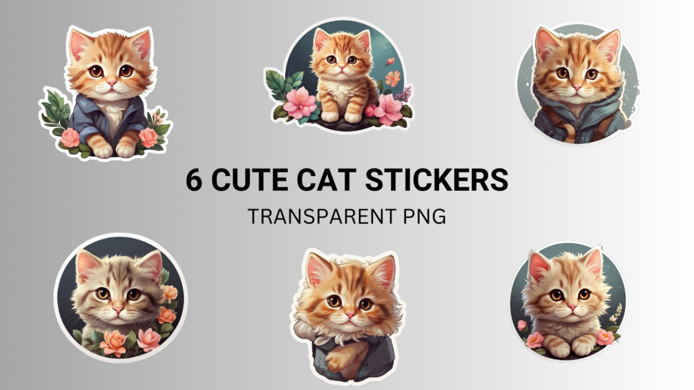 Cute cat clipart digital 6 stickers PNG bundle, Cat printable stickers ...