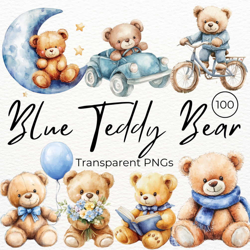 Blue Teddy Bear - 100 Cliparts Bundle - 300DPI - Commercial Use - Blue ...