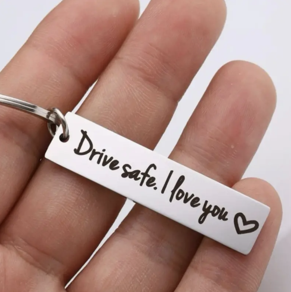 1pc Drive Safe English Engraving Keychain, Stainless Long Rectangle ...