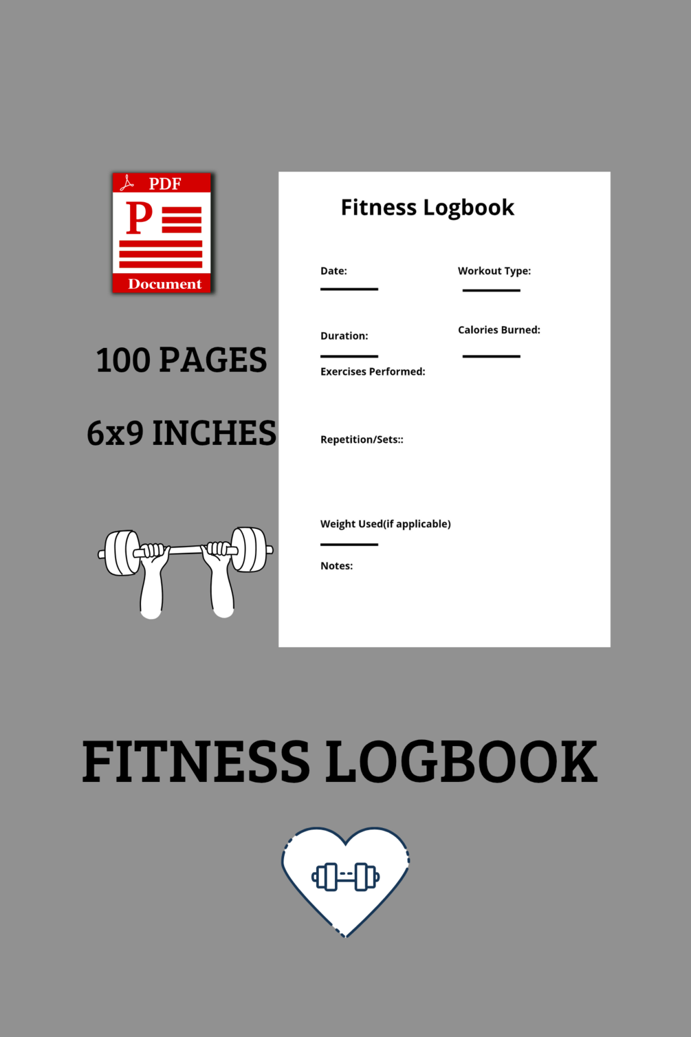 Fitness Logbook printable pdf 6x9 in 100 pages