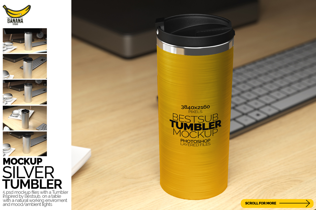Steel Silver Straight Tumbler Mockup in a Moody Scene with other ...