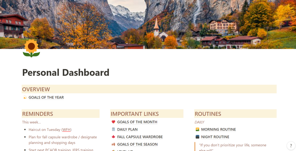 Notion - Fall Personal Dashboard Template
