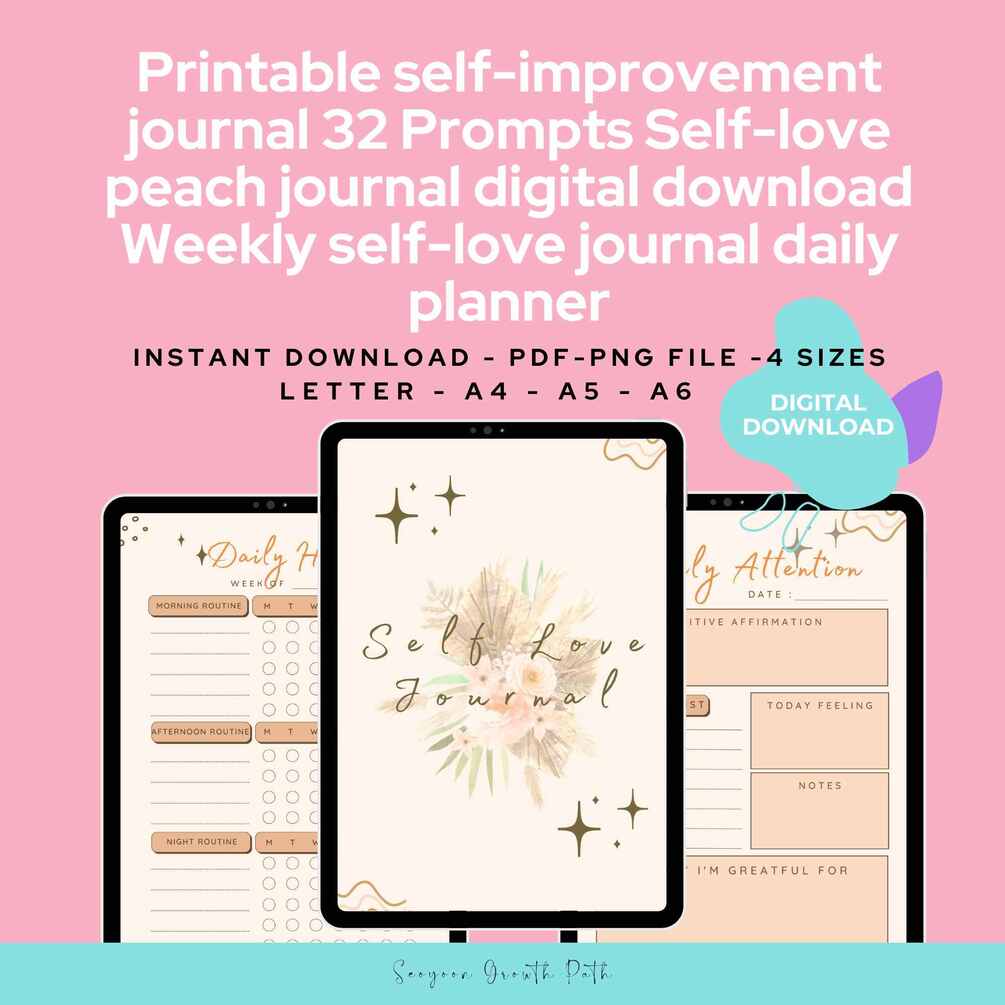Printable self-improvement journal 32 Prompts Self-love peach journal ...