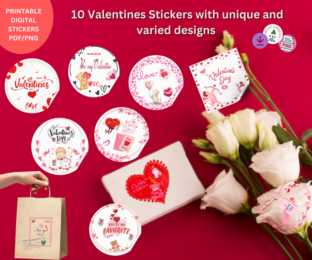 10 valentines Stickers printable
