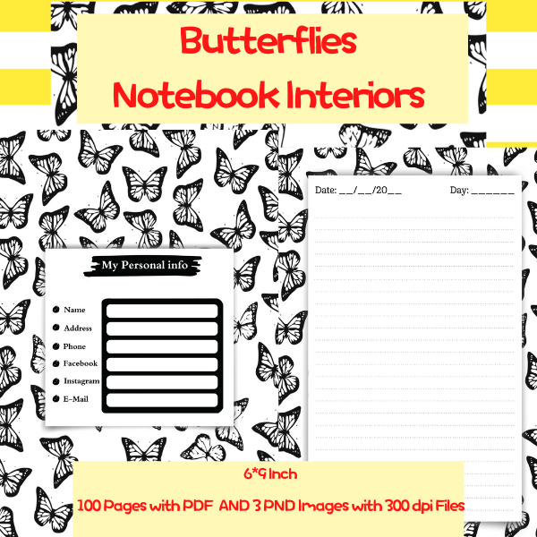 Butterflies Notebook Interiors - with 6x9 inch PDF file