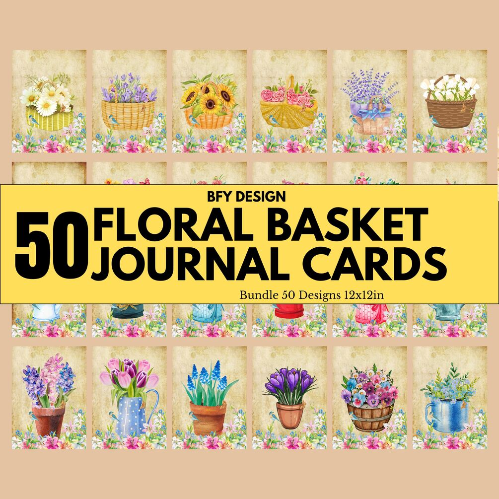 Printable Floral Basket Journal Cards ATC 50 Designs 2.5x3.5in