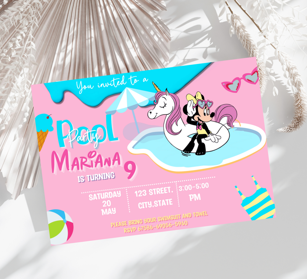 Mini Mouse Pink Pool Birthday Invitation | Fun & Customizable Pool ...