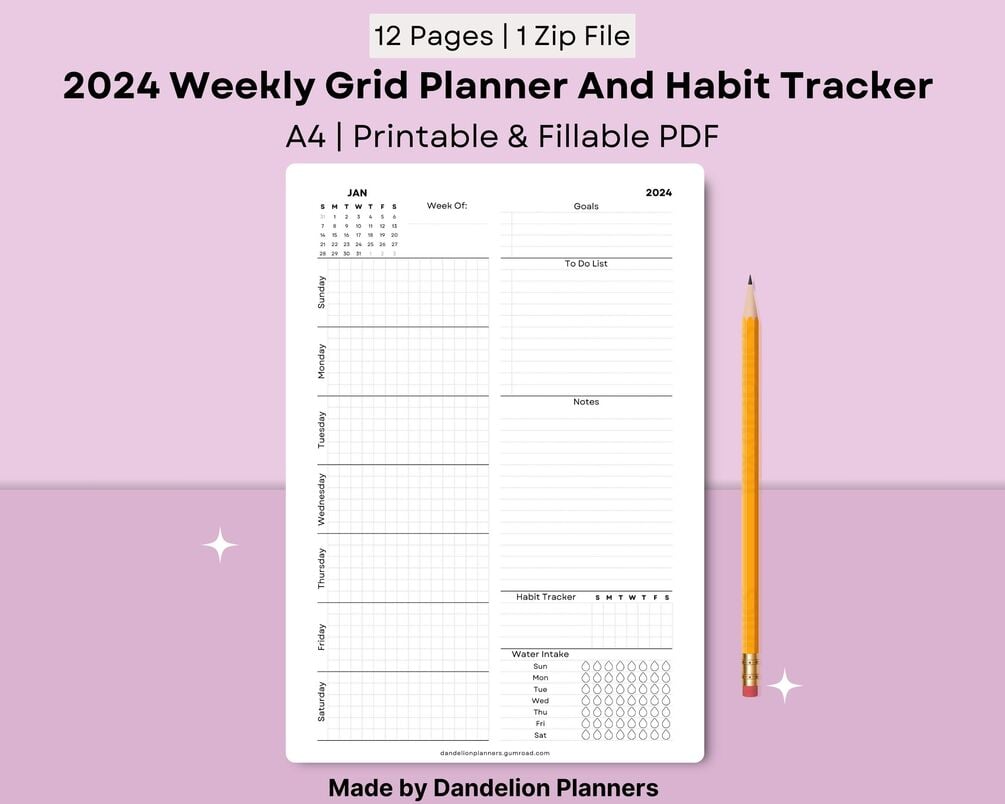 2024 Weekly Grid Dated Planner & Habit Tracker