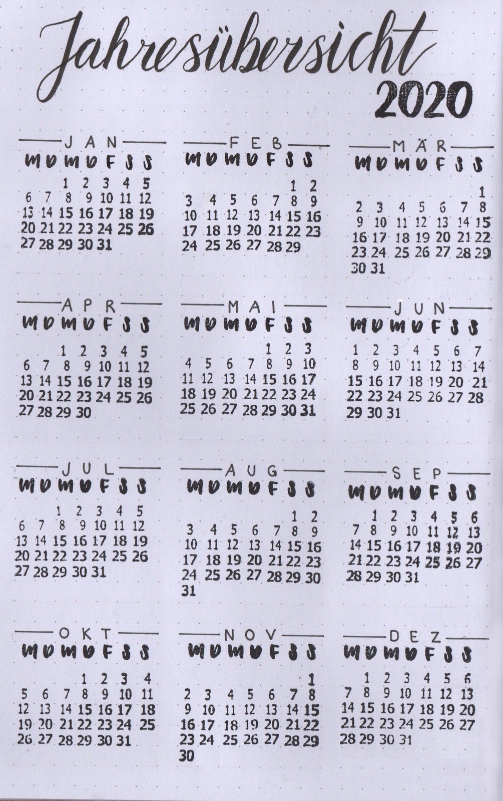 Bullet Journal Kalender 2020 Printable