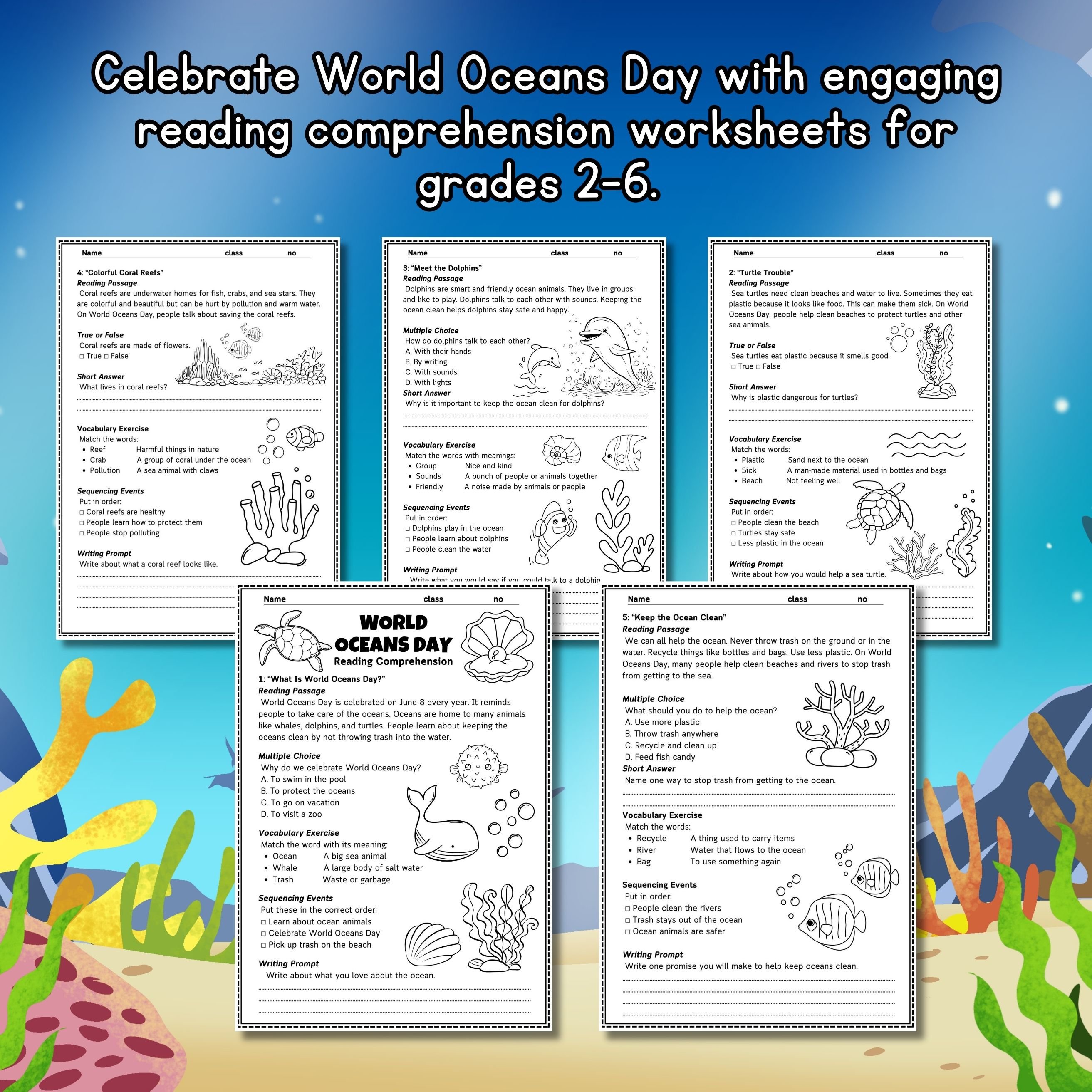 World Oceans Day Reading Comprehension Worksheets for Grades 2-6 ...