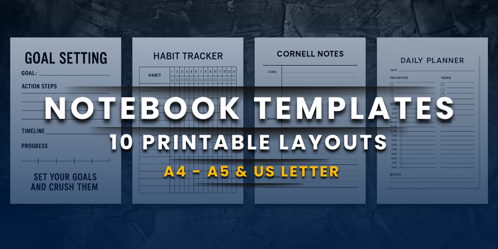 Notebook Templates – 10 Printable Layouts | A4, A5 & US Letter | 300 DPI