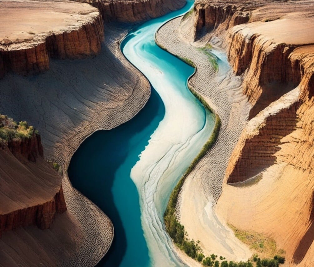 Aerial view of a winding river through a canyon
