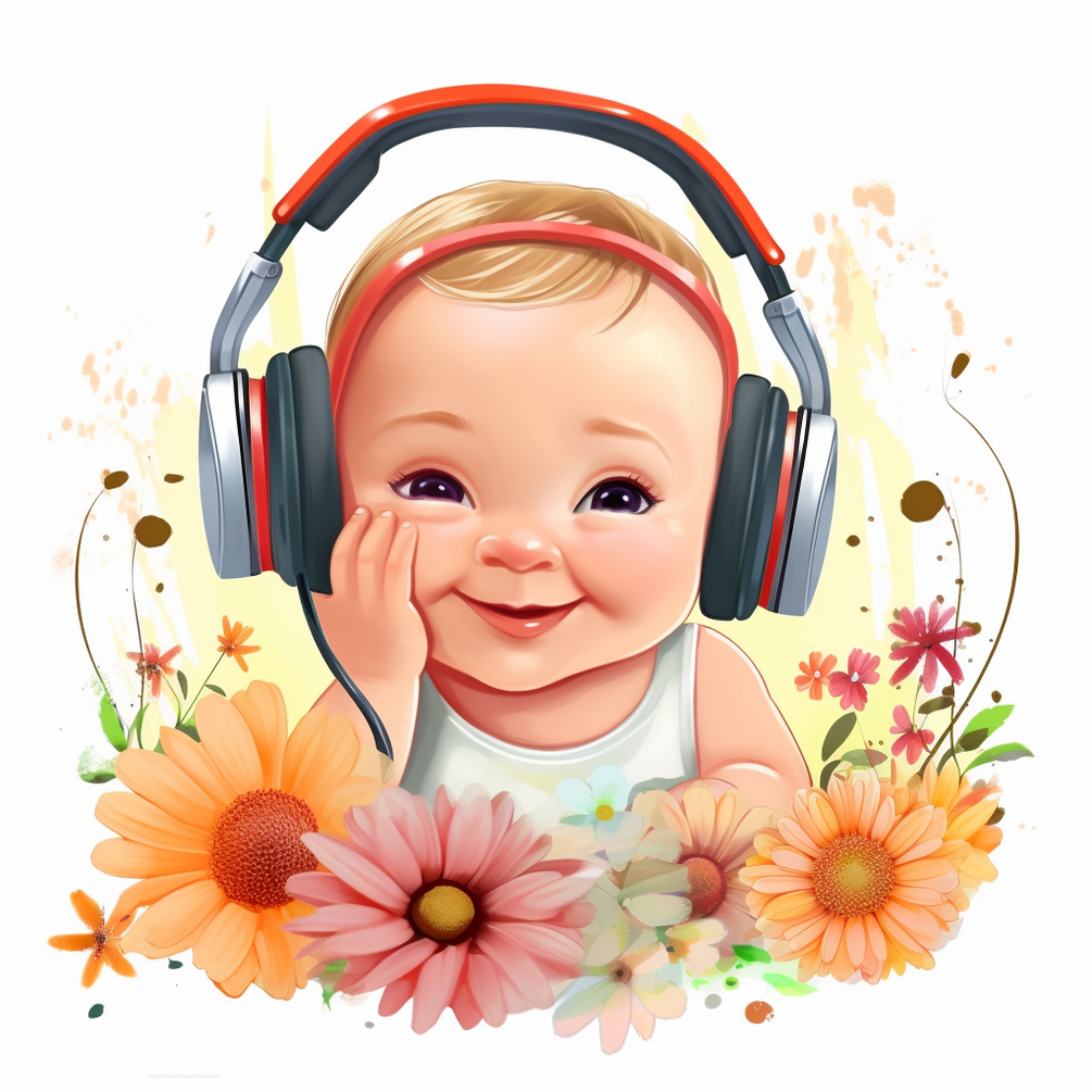 Baby listening to music flowers art PNG watercolor graphic design