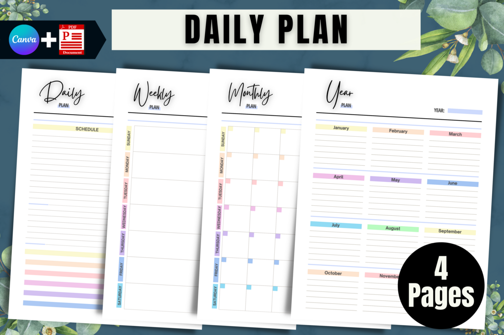 Daily, Weekly, Monthly, Yearly Planner Printable Canva Templates