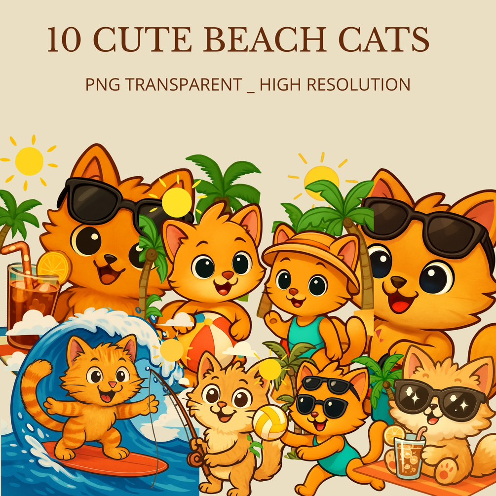 Cute Beach Cats Clipart Bundle – 10 Summer Cat PNGs (300 DPI, 3000x3000 ...