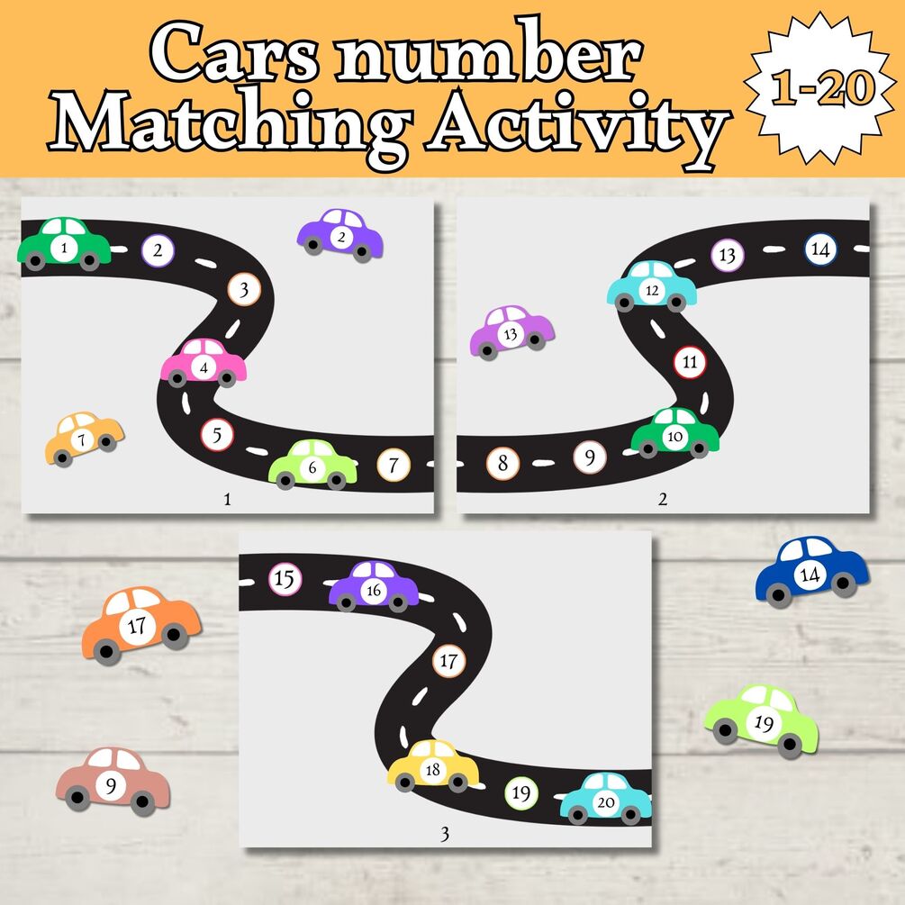 Cars number Matching Activity , Toddler Learning math activities 1-20