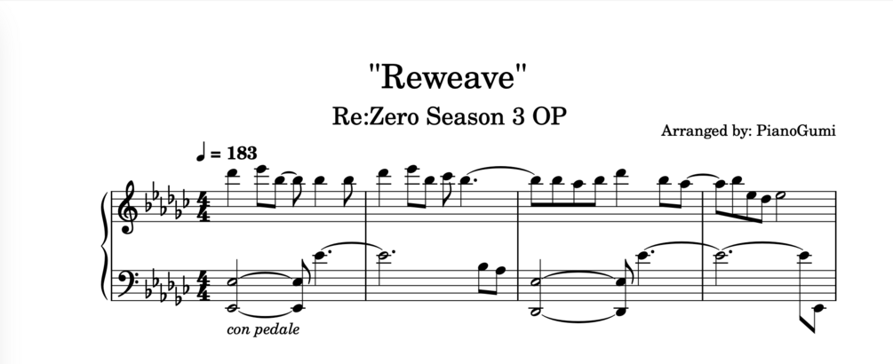 Re:Zero Season 3 OP - "Reweave" - INTERMEDIATE Piano Sheet Music