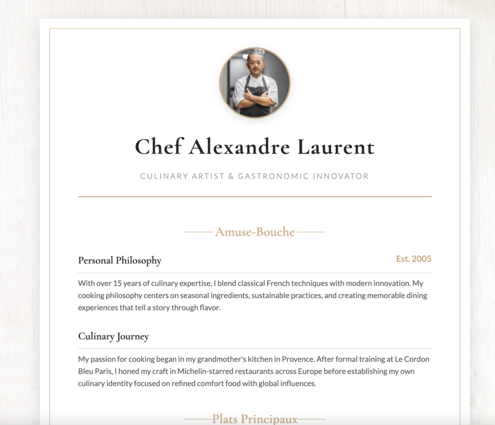 Menu-Inspired Web Resume Template for Chefs