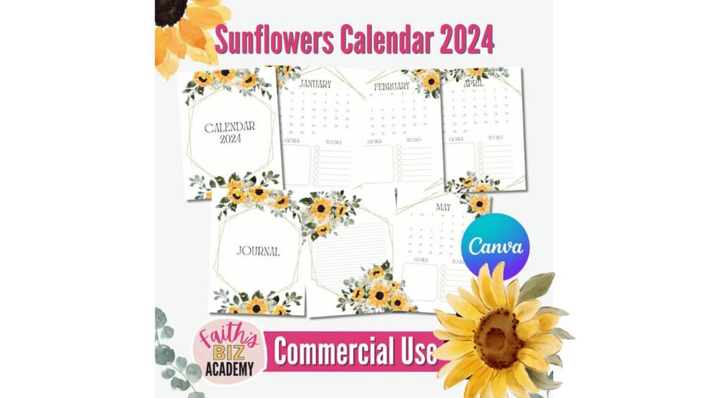 Sunflowers Calendar 2024 Canva Templates with commercial use rights