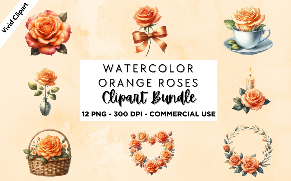 Watercolor Orange Roses Clipart Bundle