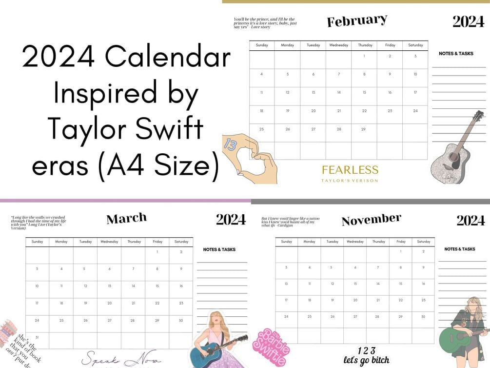 2024 Printable Calendar Taylor Swift eras inspired Taylors version ...