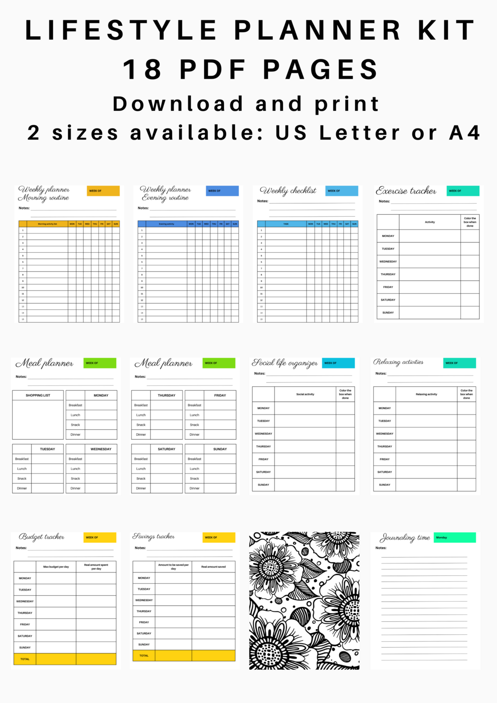 Printable planners 18 pages "weekly lifestyle kit", daily routine