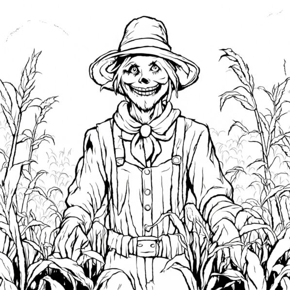 Scarecrow in Cornfield Halloween Coloring Pages