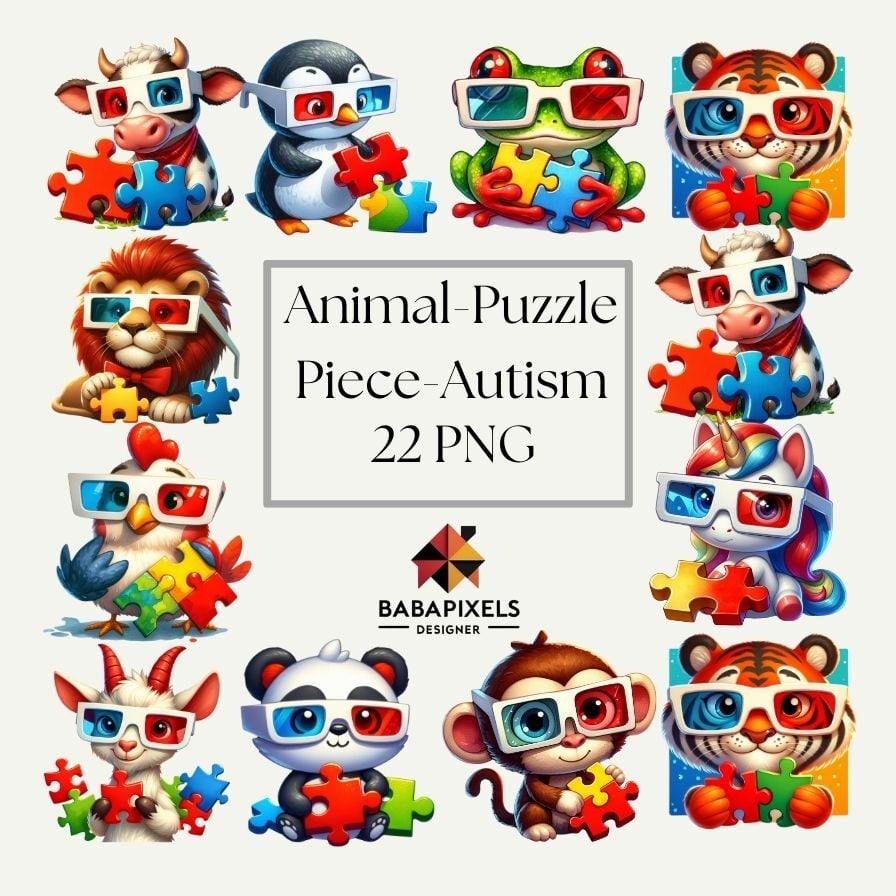 Autism Awareness Puzzle Piece Animal Clipart Bundle - 22 PNG ...