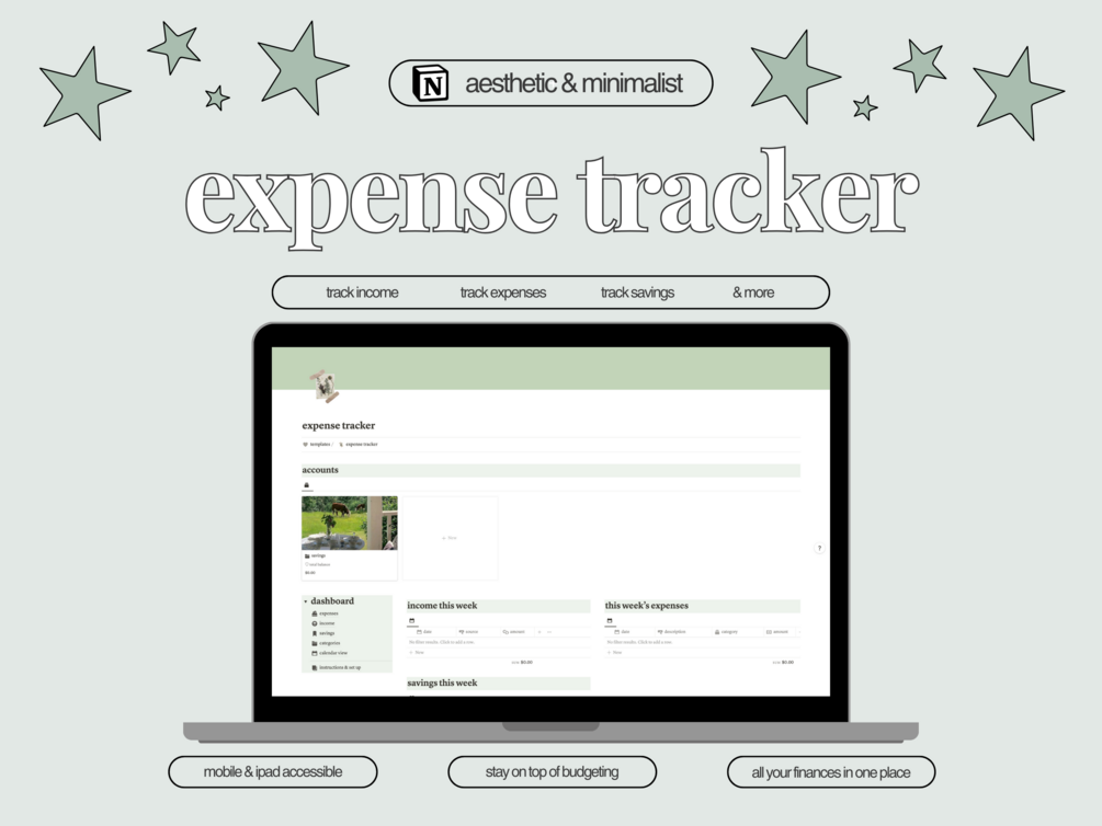 Expense Tracker | Notion Template | Green Cottagecore Aesthetic