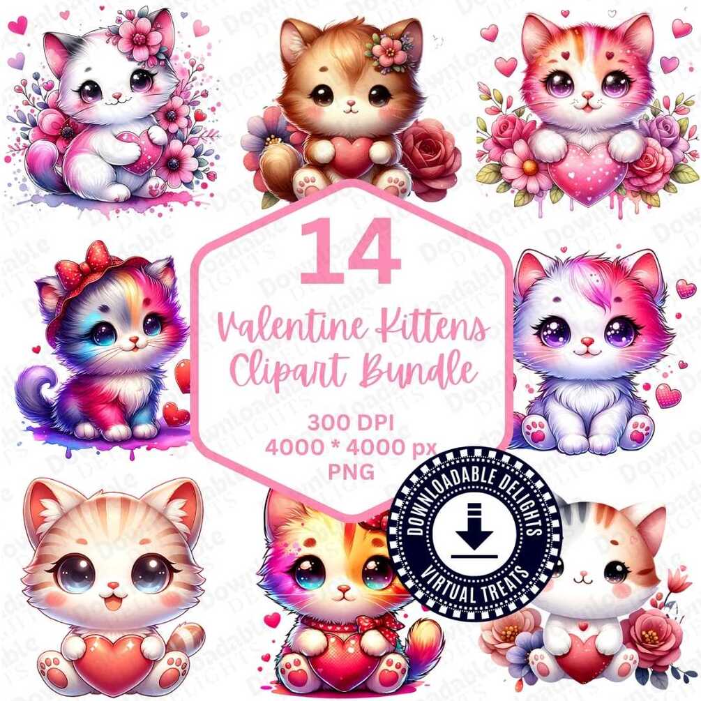Valentine Kittens Clipart Bundle