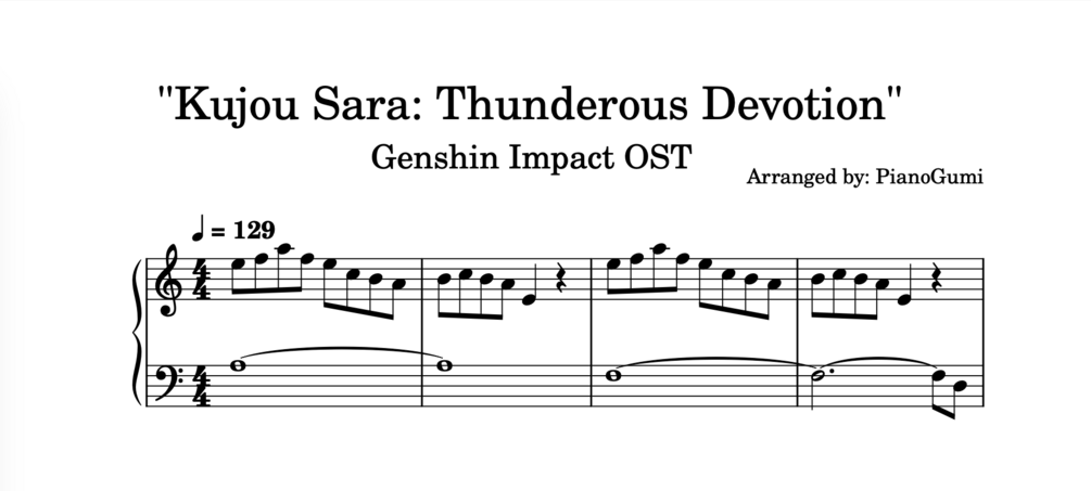 Genshin Impact Demo - "Kujou Sara: Thunderous Devotion" - EASY Piano Sheet Music