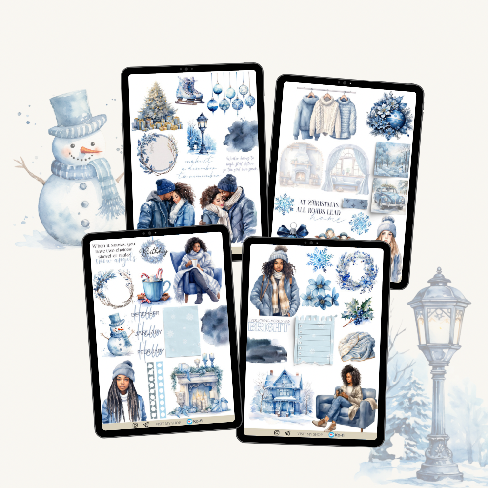 Blue Winter stickers, GoodNotes & PNG