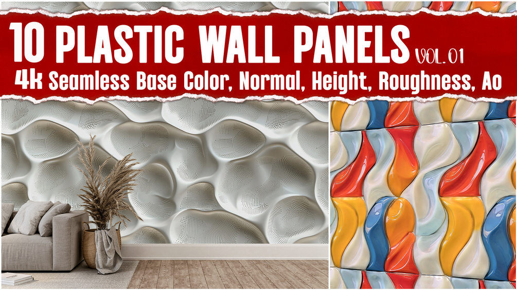 10 Plastic Wall Panel VOL.01 | 4K Seamless PNG PBR Textures