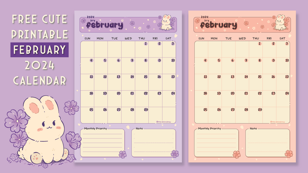 Free Cute Printable February 2024 Calendar - Cute Sakura Bunny