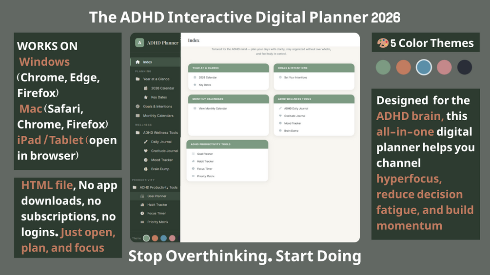 ADHD Digital Planner 2026 — Interactive HTML Productivity Planner with ...