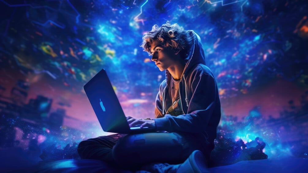 Gamer dude using laptop in beautiful environment - 2 images