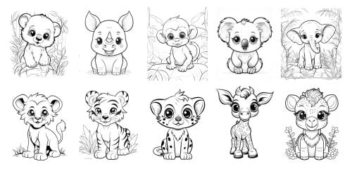 10 x Super Cute Animals Colouring Pages - PACK 2 - Digital Download