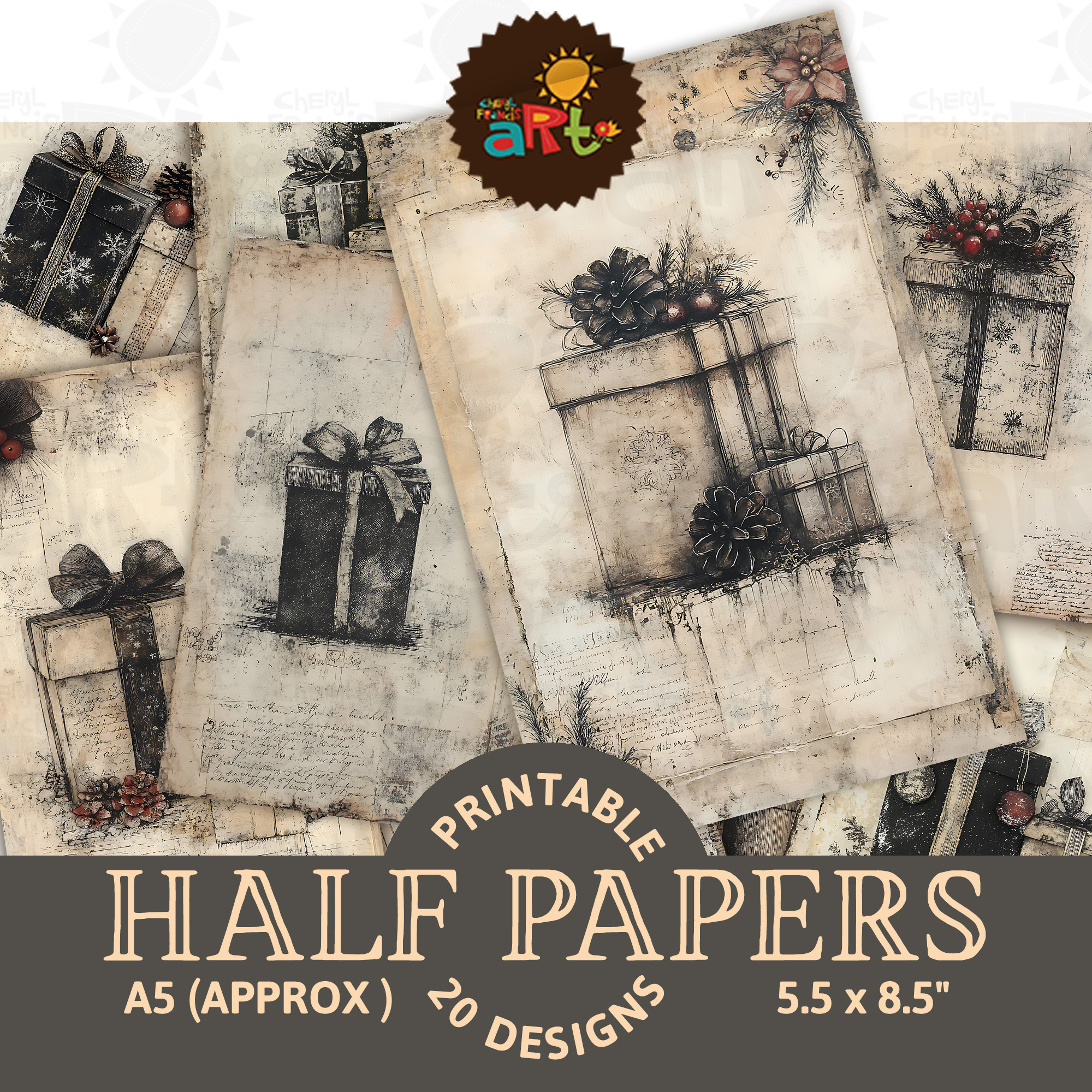 20 pc Christmas Gift Present Ink on Ephemera Art Paper Holiday ...