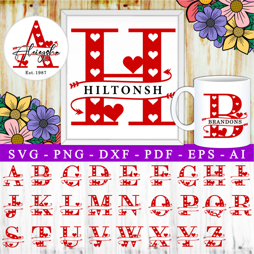 Love Hearts Split Font Monogram Letters SVG Designs Bundle, Valentines ...