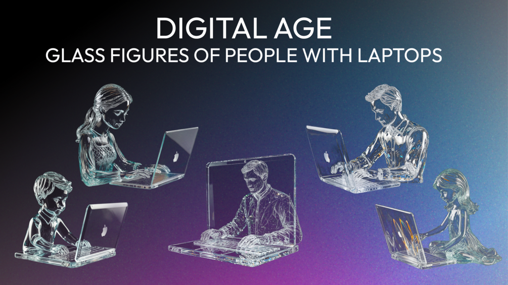 Digital Age. Glass Figures of People with Laptops.