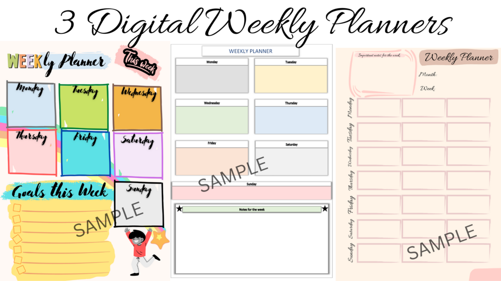3 Digital Weekly Planners for Printing, Goodnotes and more