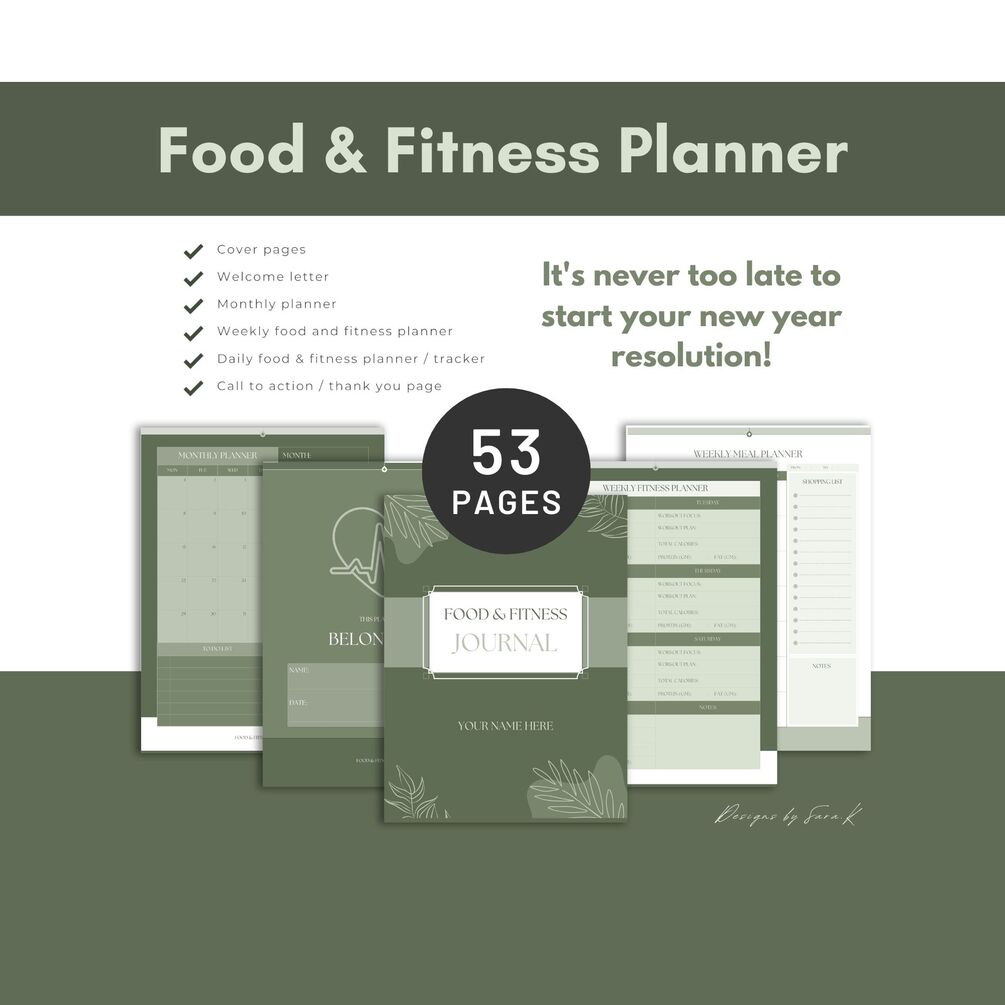 Digital Food and Fitness Planner, Printable, Digital Product