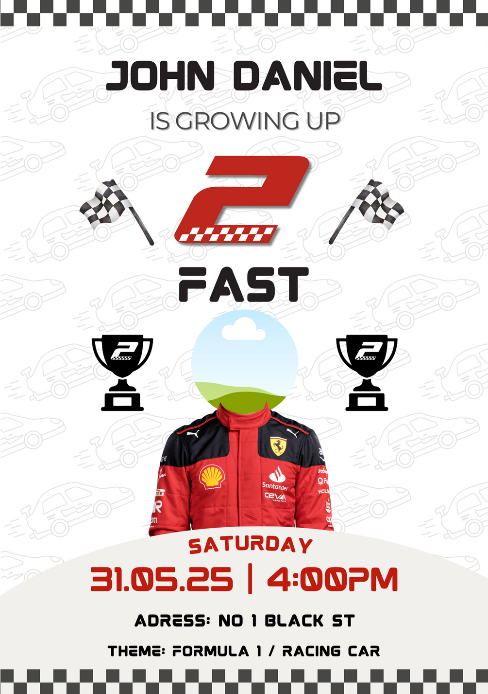 Racing Car / F1 themed Birthday Invitation Card